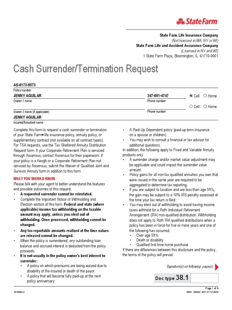 JENNY AGUILAR - Cash Surrender - Termination Request | PDF | Payments ...