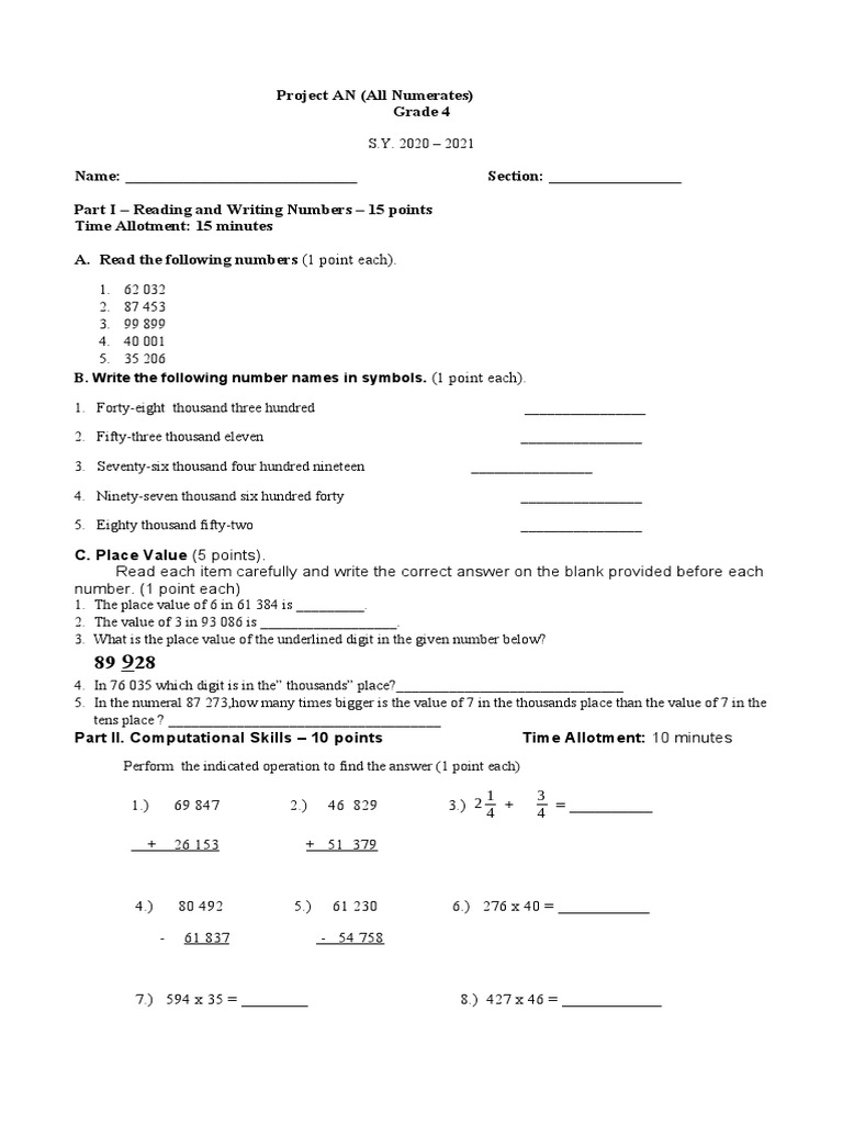 Grade 4 Project An Assessment Tool No Answer | PDF | Mathematics