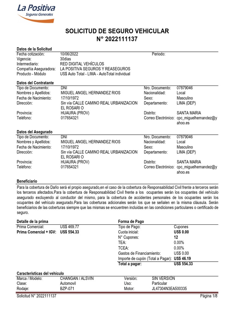 Solicitud de Seguro Vehicular #2022111137 | PDF | Póliza de seguros ...