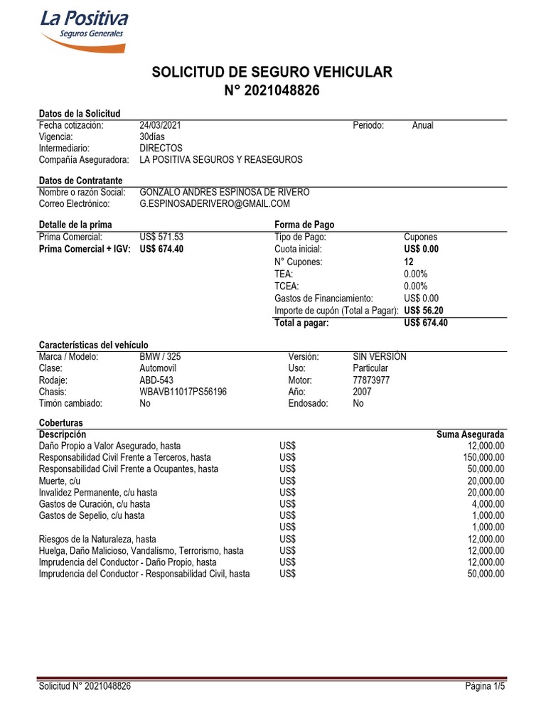 Solicitud de Seguro Vehicular #2021048826 | PDF | Póliza de seguros ...