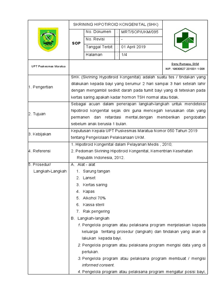 Sop Skrining Hipotiroid Kongenital (SHK) | PDF