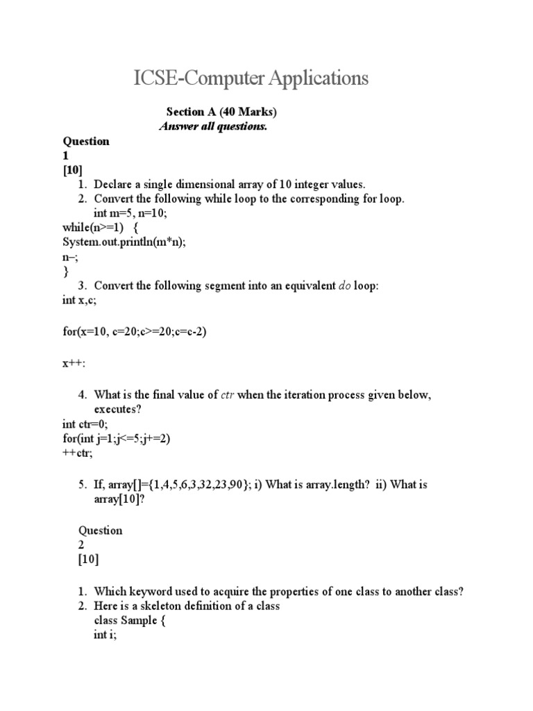 Icse Computer Applications Model Questions Pdf Class Computer Programming Integer