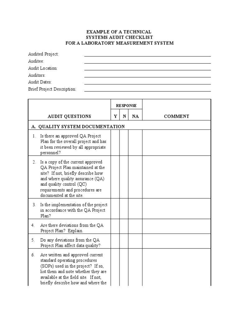 Example of A Technical Systems Audit Checklist For A Laboratory ...