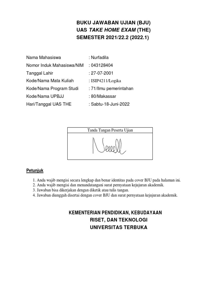 Buku Jawaban Ujian (Bju) Uas Take Home Exam (The) SEMESTER 2021/22.2 (2022.1) | PDF | Karier ...