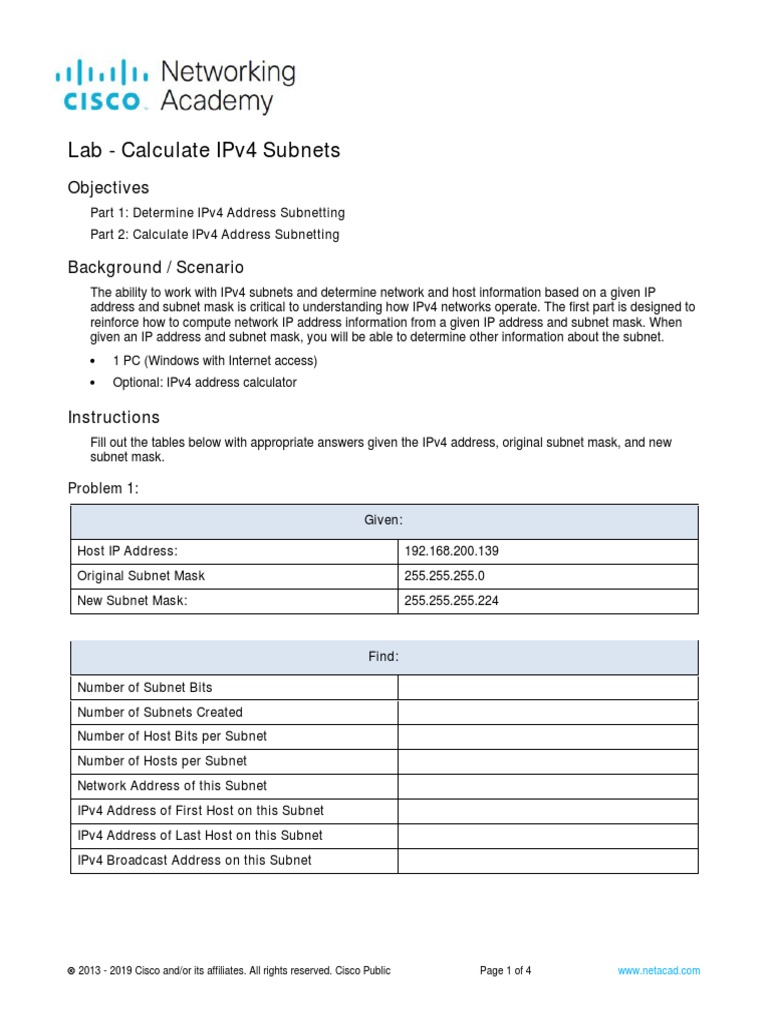 11.6.6 Lab - Calculate IPv4 Subnets | Download grátis PDF | Ip Address ... 11.6.6 Lab - Calculate IPv4 Subnets | Download grátis PDF | Ip Address ...