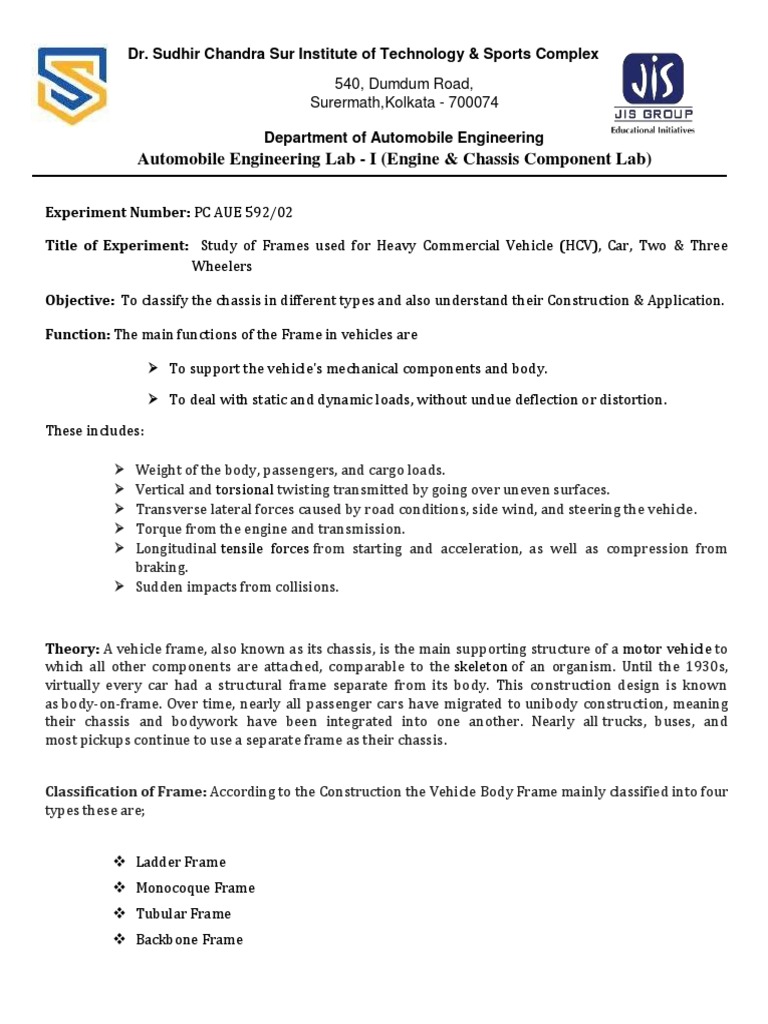 Automobile Engineering Lab - I (Engine & Chassis Component Lab) | PDF ...