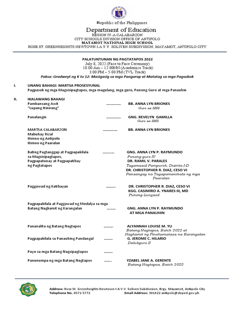 Palatuntunan NG Pagtatapos 2022 | PDF