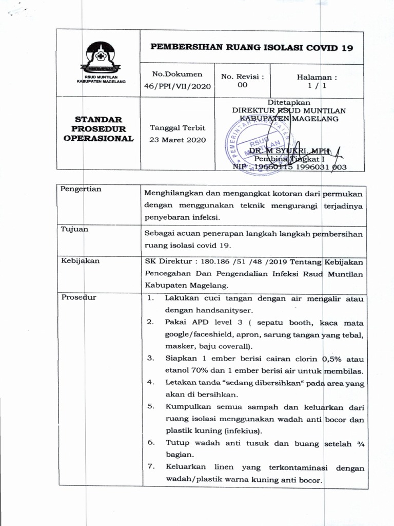 SPO Pembersihan Ruang Isolasi Covid-19 2020 | PDF
