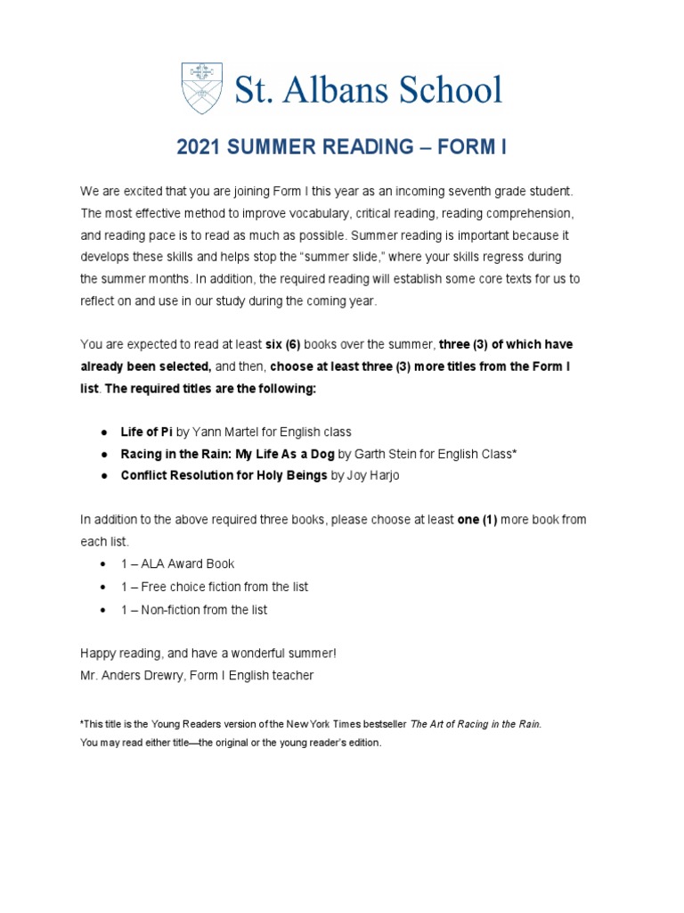 Form I Summer Reading 2021 | PDF