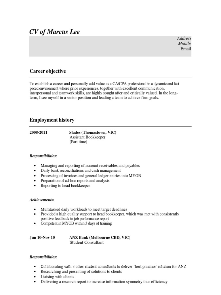 CV of Marcus Hee: CA/CPA Aspirant | PDF | Audit | Consultant