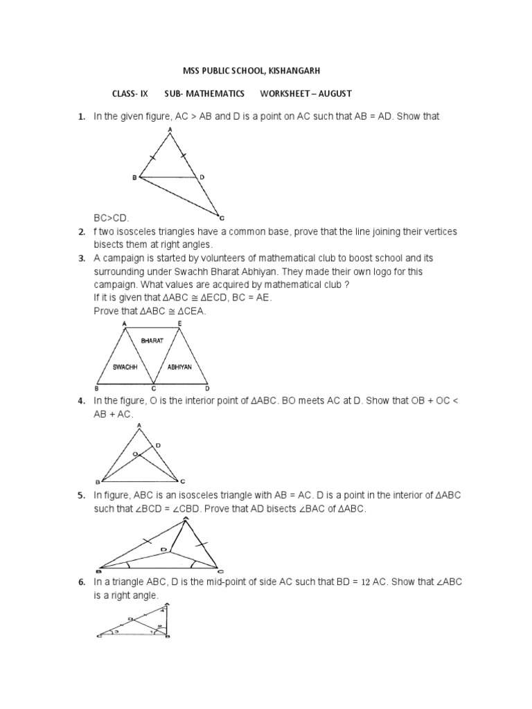 Mss Public School, Kishangarh Class-Ix Sub - Mathematics Worksheet ...