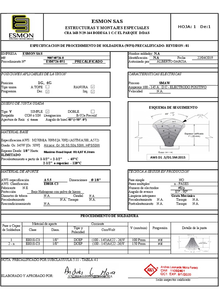 4 - Wps Precalificado Smaw Posición 4g para Astm A588 | PDF ...