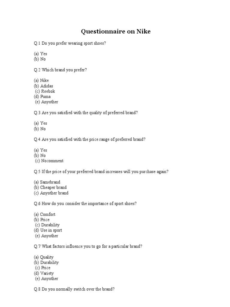 Questionnaire On Shoes | Download Free PDF | Brand | Shoe