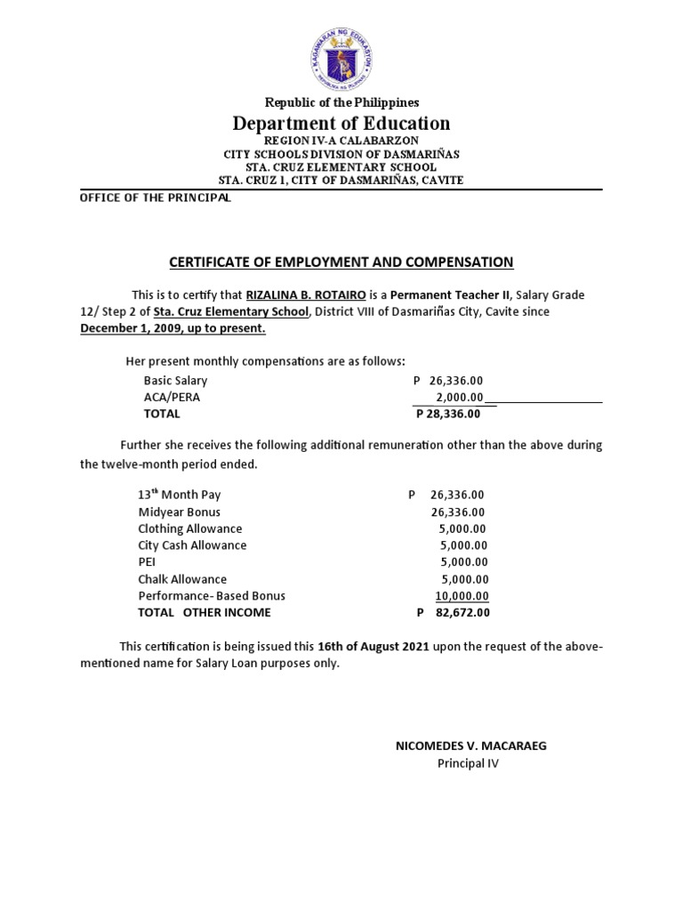 Certificate of Employment and Compensation Template | PDF
