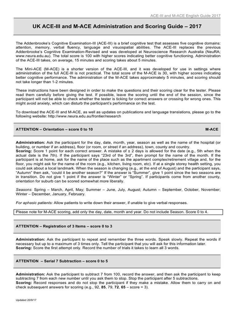 UK ACE-III and M-ACE Administration and Scoring Guide - 2017 | PDF ...