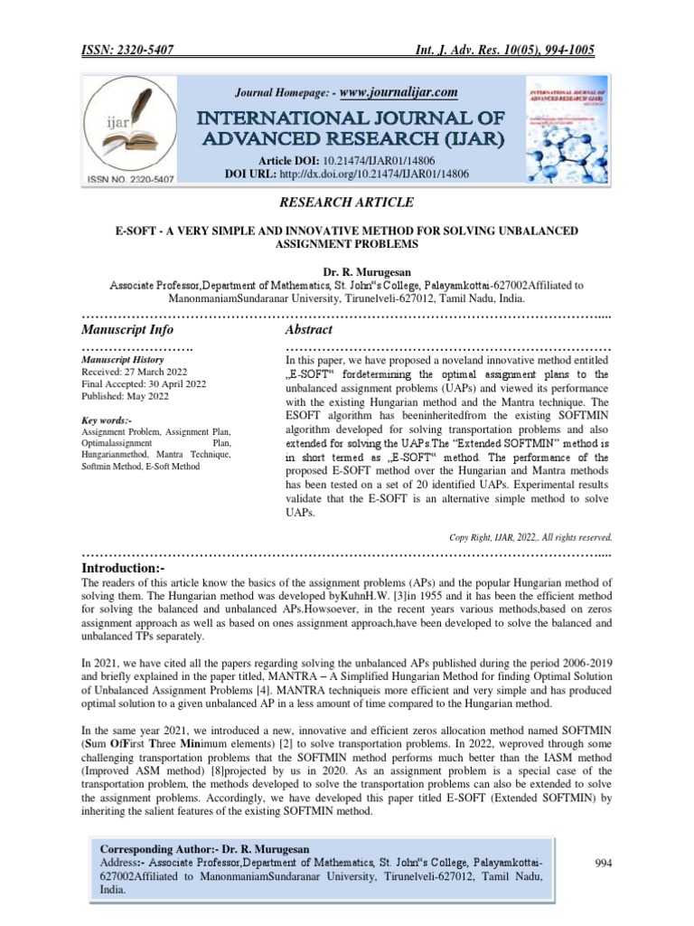 E-Soft - A Very Simple and Innovative Method For Solving Unbalanced ...