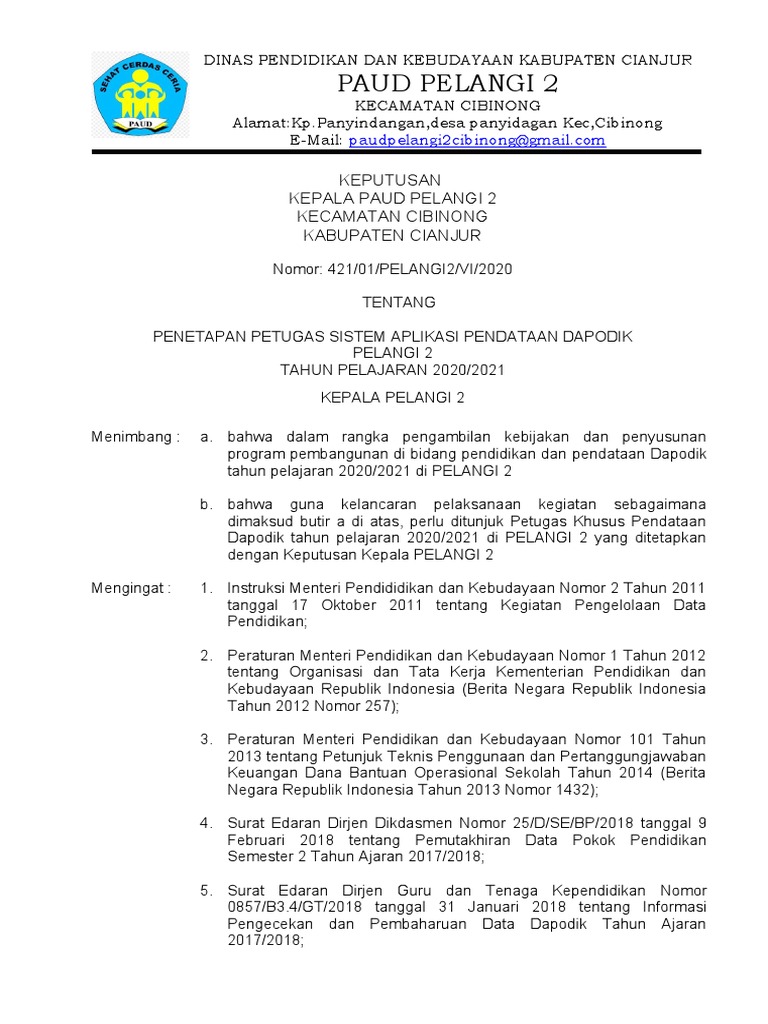 SK Operator Dapodik Paud Pelangi 2 | PDF