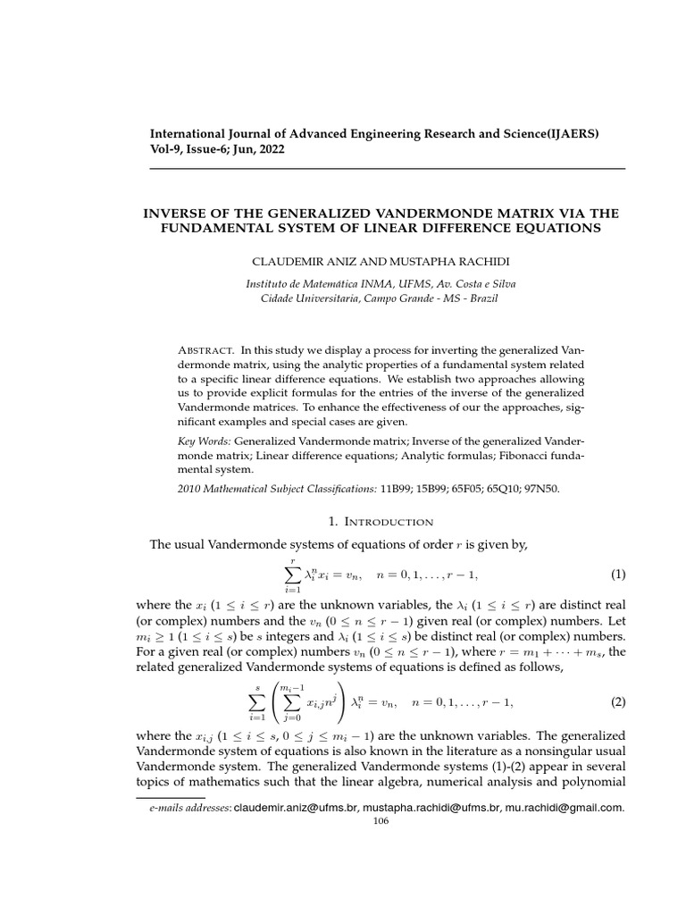 Inverse of The Generalized Vandermonde Matrix Via The Fundamental System of Linear Difference ...