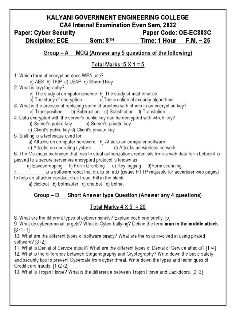 Cyber Securiy-OE-EC803C - CA4 Question Paper | PDF | Public Key ...