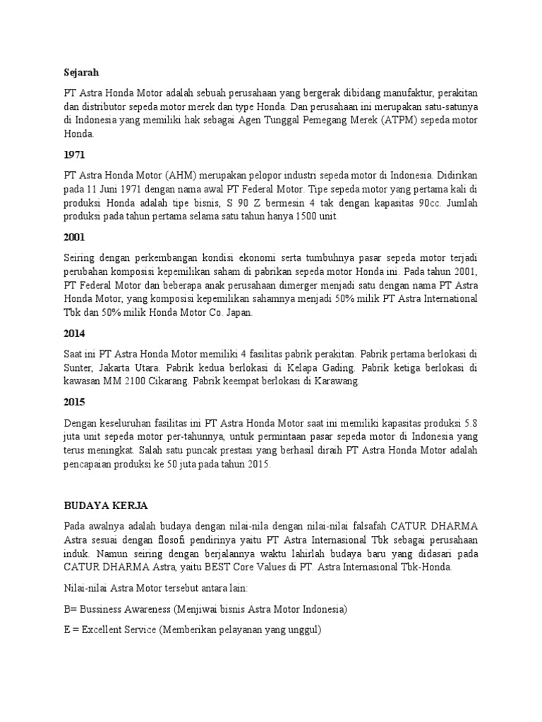 Sejarah dan Profil PT Astra Honda Motor | PDF | Teknologi & Rekayasa