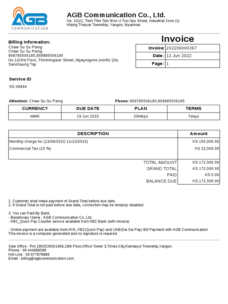 Invoice: AGB Communication Co., LTD | PDF | Invoice | Money