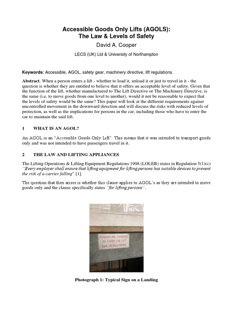 Accessible Goods Only Lifts (AGOLS) : The Law & Levels of Safety ...