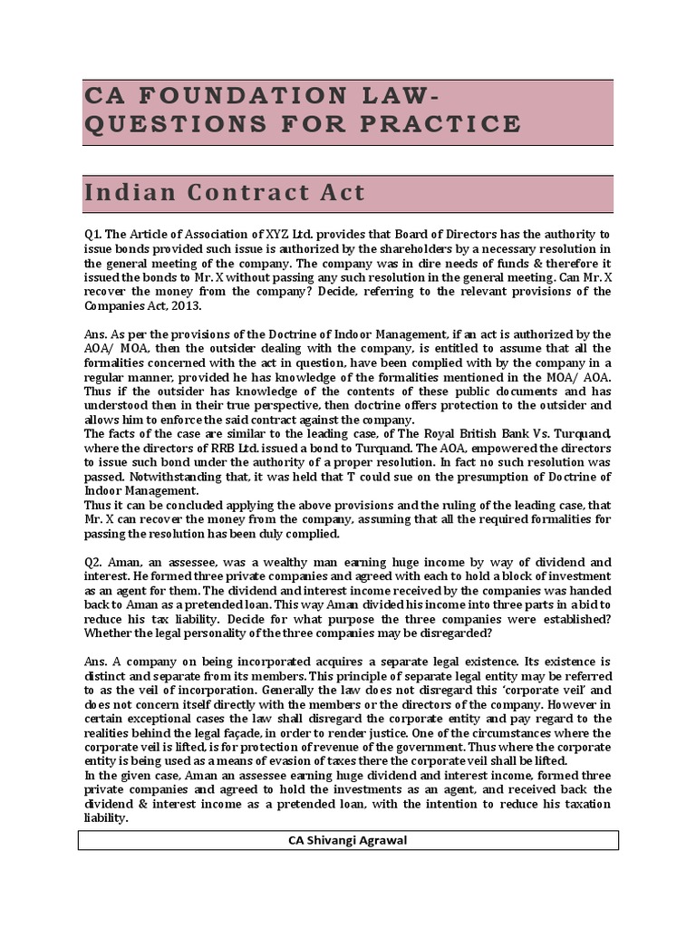 Ca Foundation Law - Questions For Practi C E Indian C Ontract Act | PDF ...