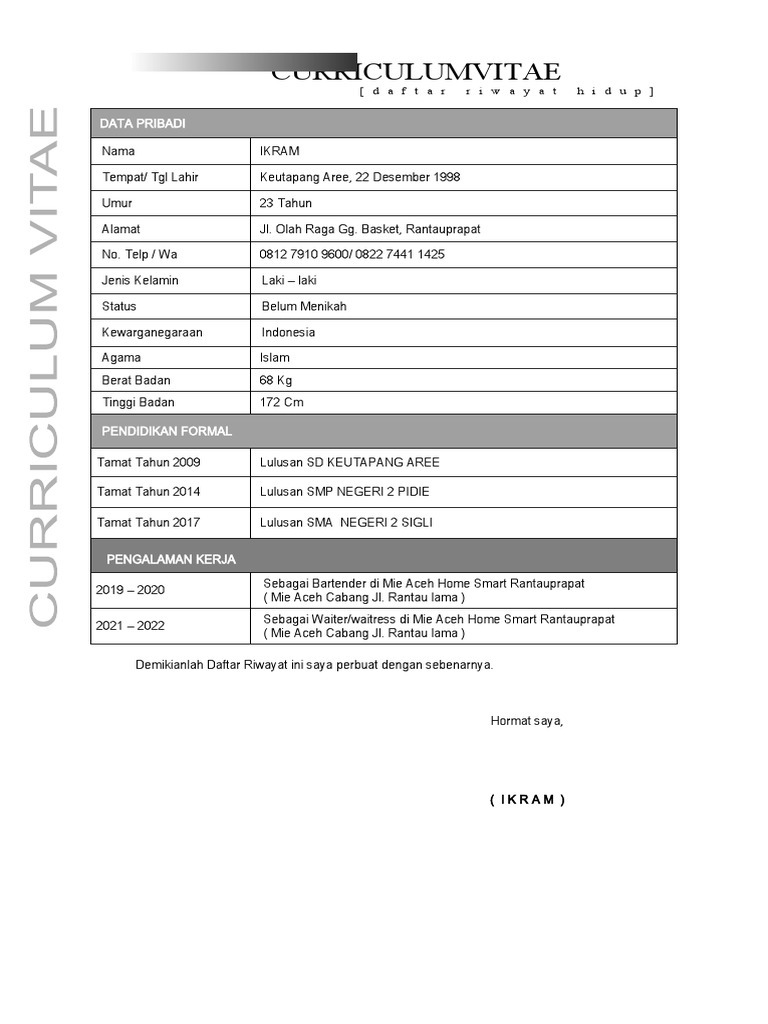 CV Dan Lamaran Kerja Ikram | PDF