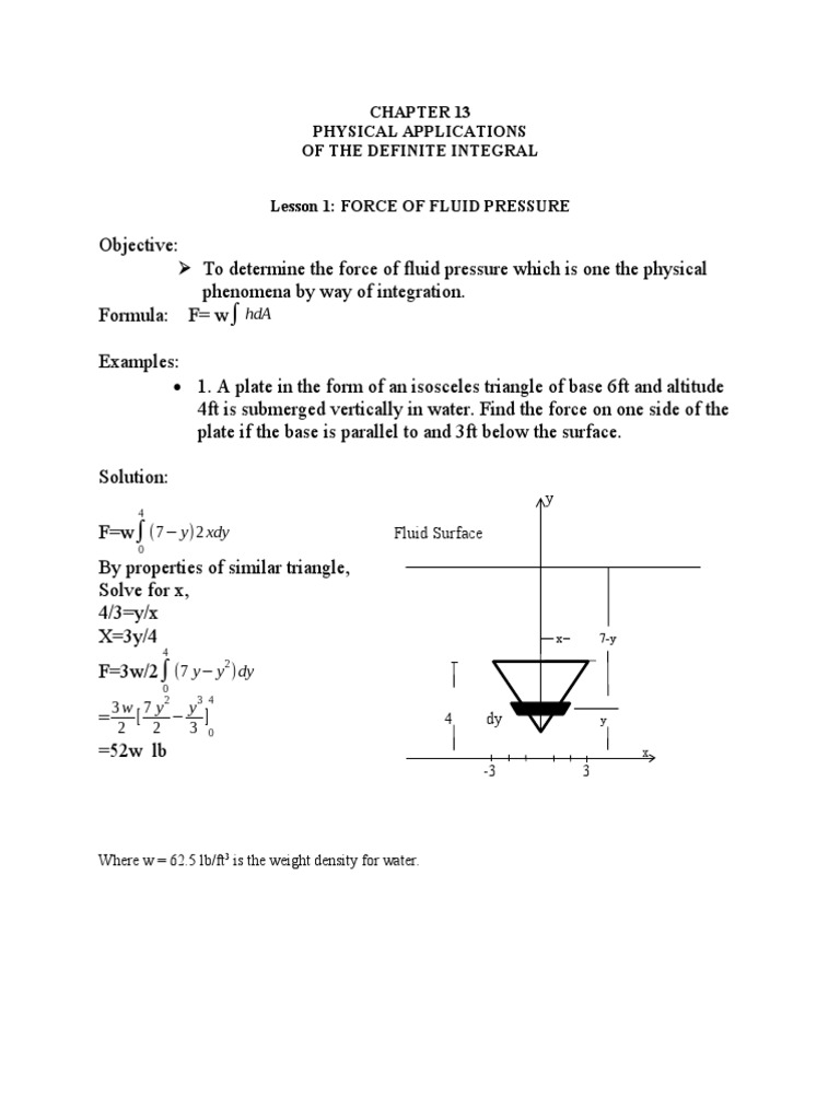 Physical Applications of The Definite Integral Lesson 1: Force of Fluid ...