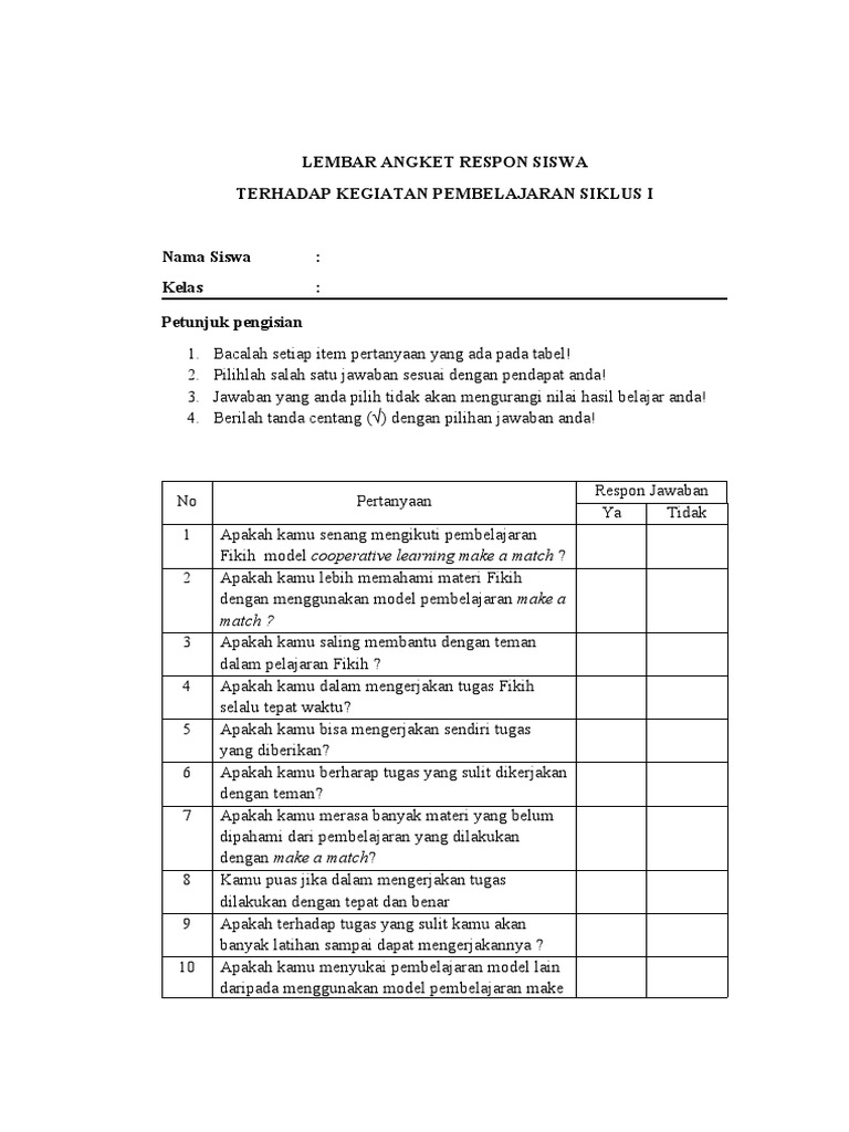 Lembar Angket Respon Siswa | PDF