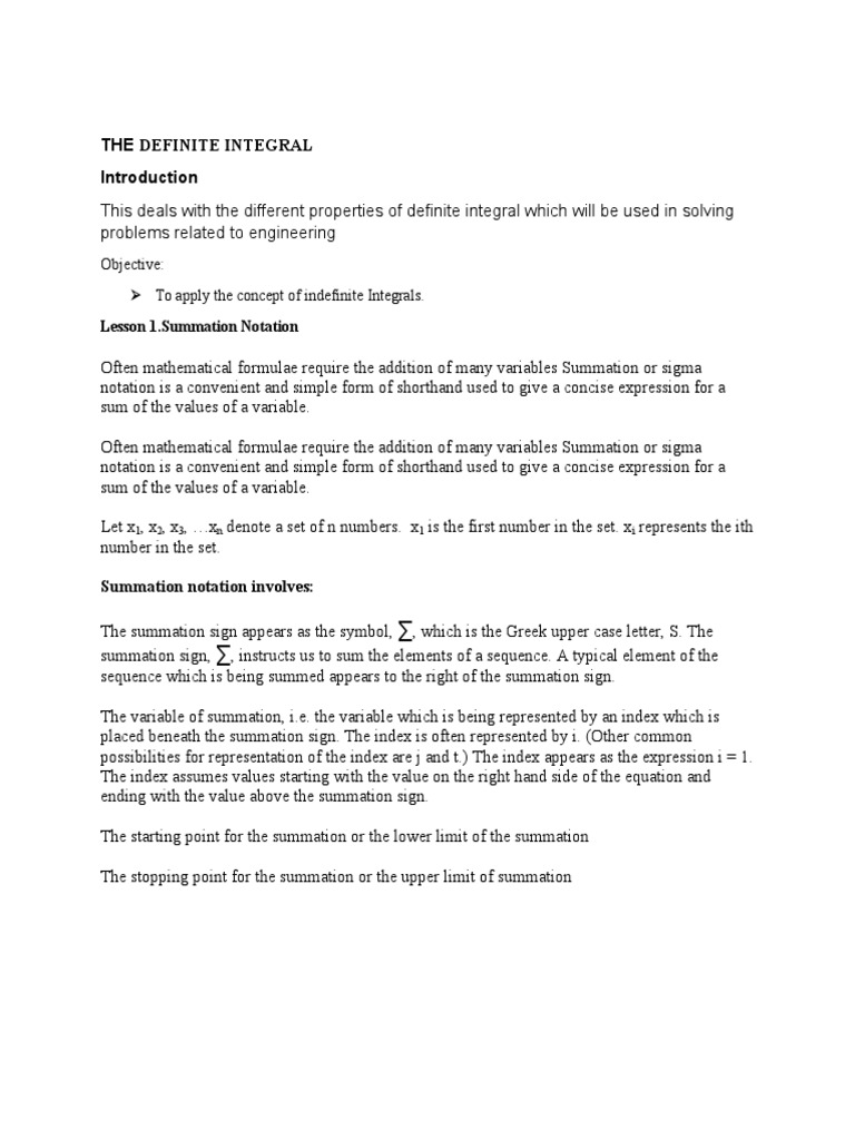The Definite Integral Summation | PDF | Summation | Integral The Definite Integral Summation | PDF | Summation | Integral