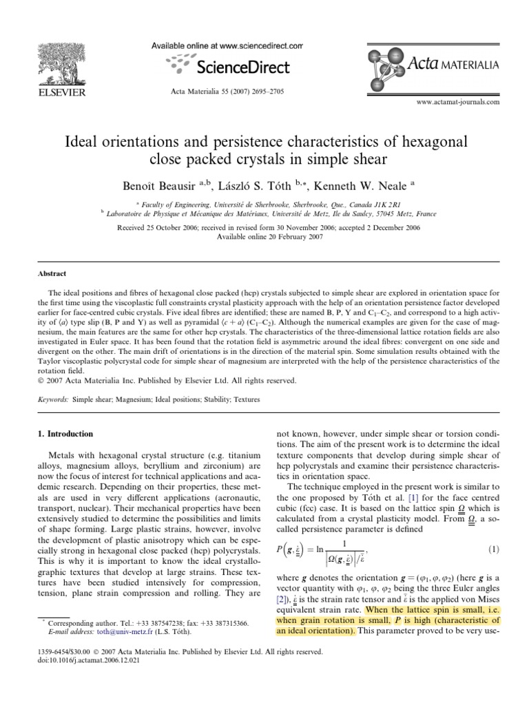 2007 Ideal Orientations and Persistence Characteristics of Hexagonal Close Packed Crystals in ...