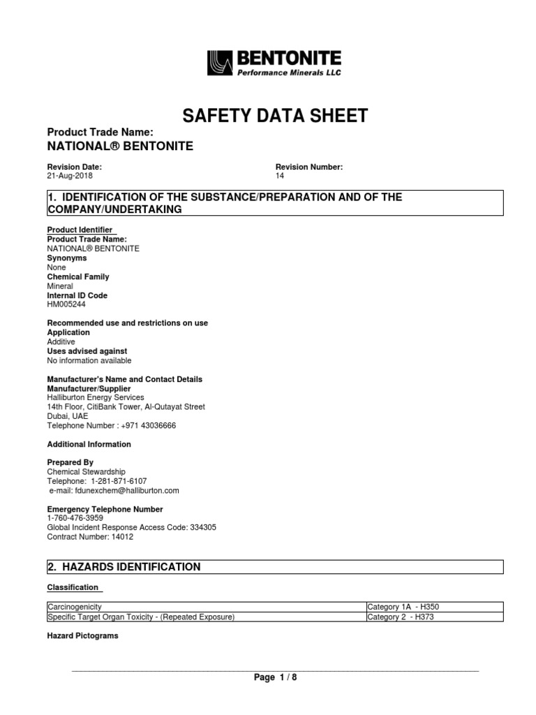 Safety Data Sheet: National® Bentonite | PDF | Toxicity | Silicon Dioxide