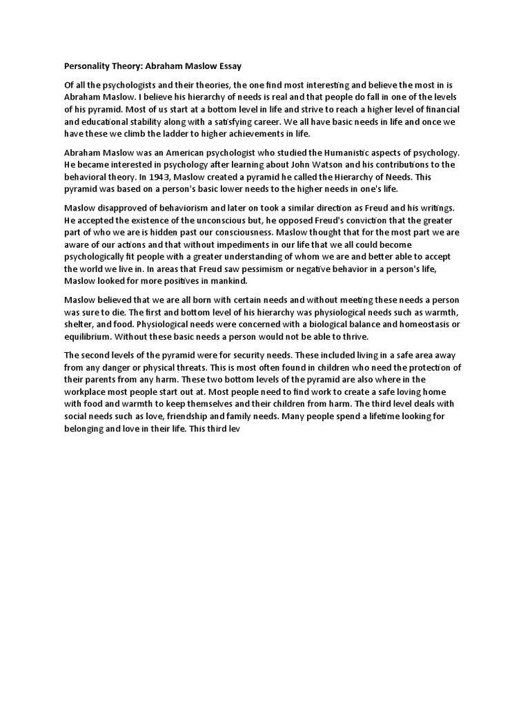 Personality Theory: Abraham Maslow Essay | PDF | Psychology | Clinical ...