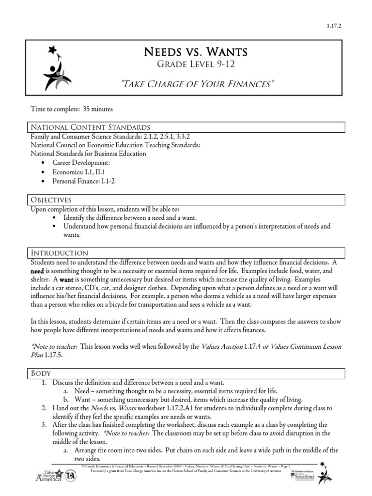 Needs vs. Wants: "Take Charge of Your Finances" | PDF | Economics ...
