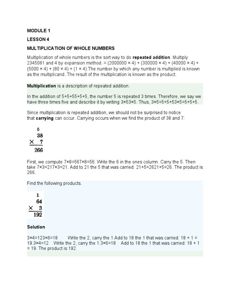 Lesson 4 Multiplication of Whole Numbers | PDF