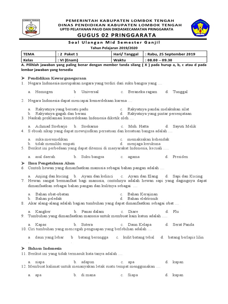 Soal Ulangan Mid Semester Kelas VI | PDF | Perjalanan