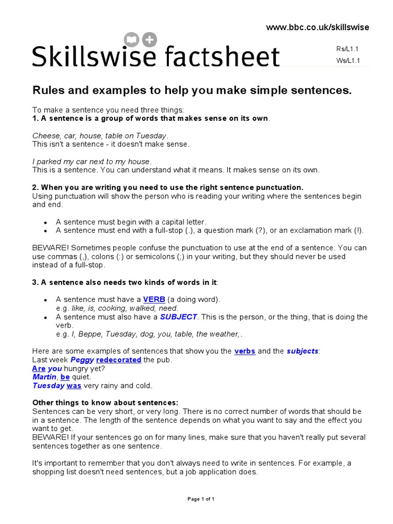 BBC Skillswise - Sentences - Factsheet 1 - Making Simple Sentences ...