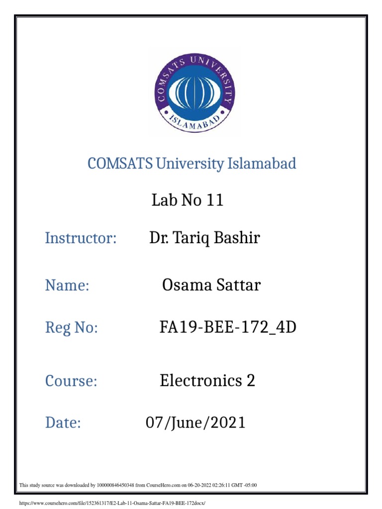 Lab No 11 Dr. Tariq Bashir Osama Sattar FA19-BEE-172 - 4D Electronics 2 ...