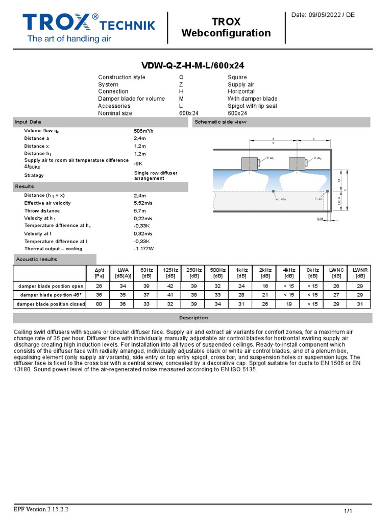 Trox Webconfiguration: VDW-Q-Z-H-M-L/600x24 | PDF | Decibel | Duct (Flow)