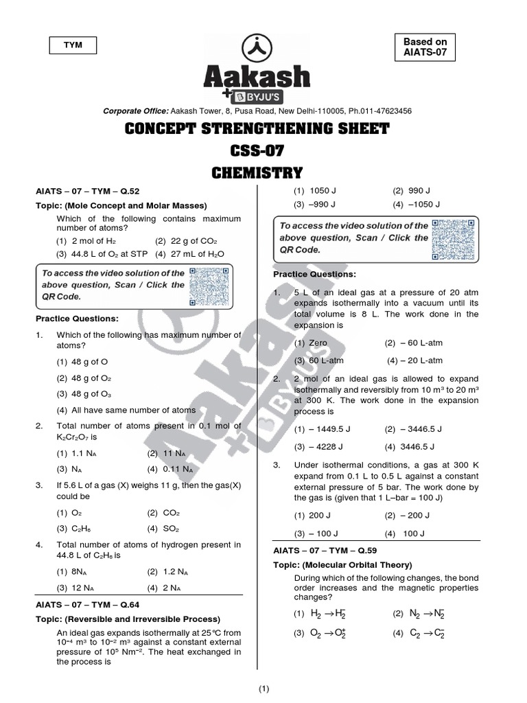 Concept Strengthening Sheet (CSS-07) Based On AIATS-07 (TYM) - Chemistry | PDF | Atomic Orbital ...