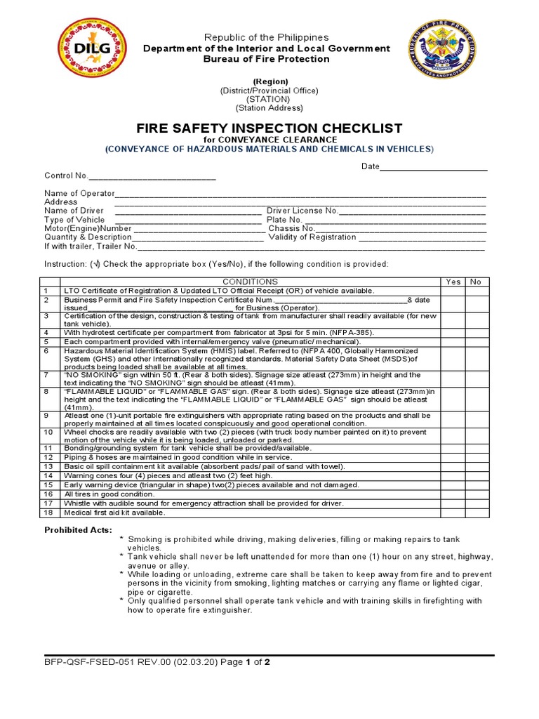 Fire Safety Inspection Checklist: Department of The Interior and Local ...
