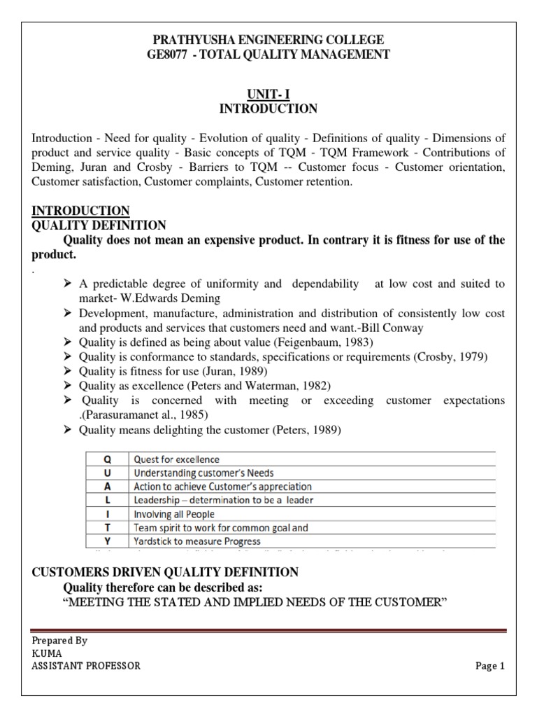 TQM Unit I - Lecture Notes | PDF | Quality (Business) | Quality Management