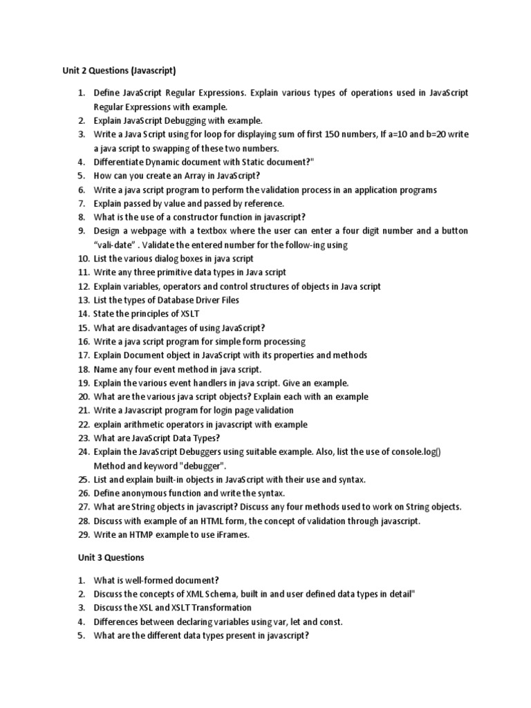 Unit 2 Questions (Javascript) | PDF | Java Script | Xml