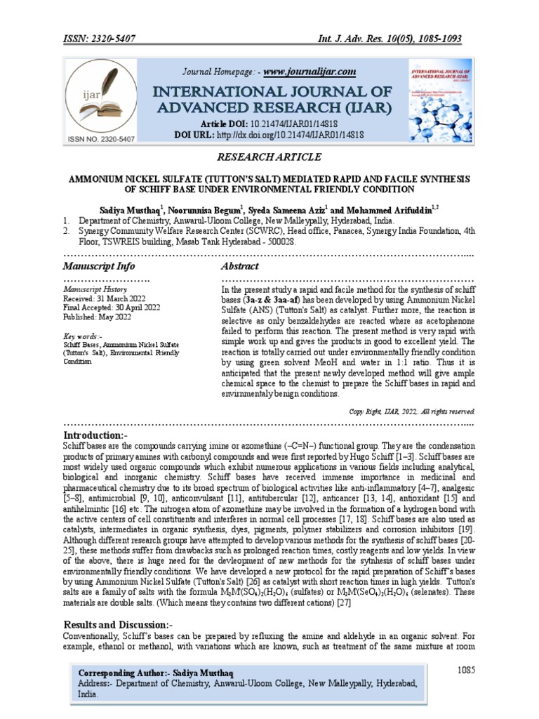 Ammonium Nickel Sulfate (Tuttons Salt) Mediated Rapid and Facile ...