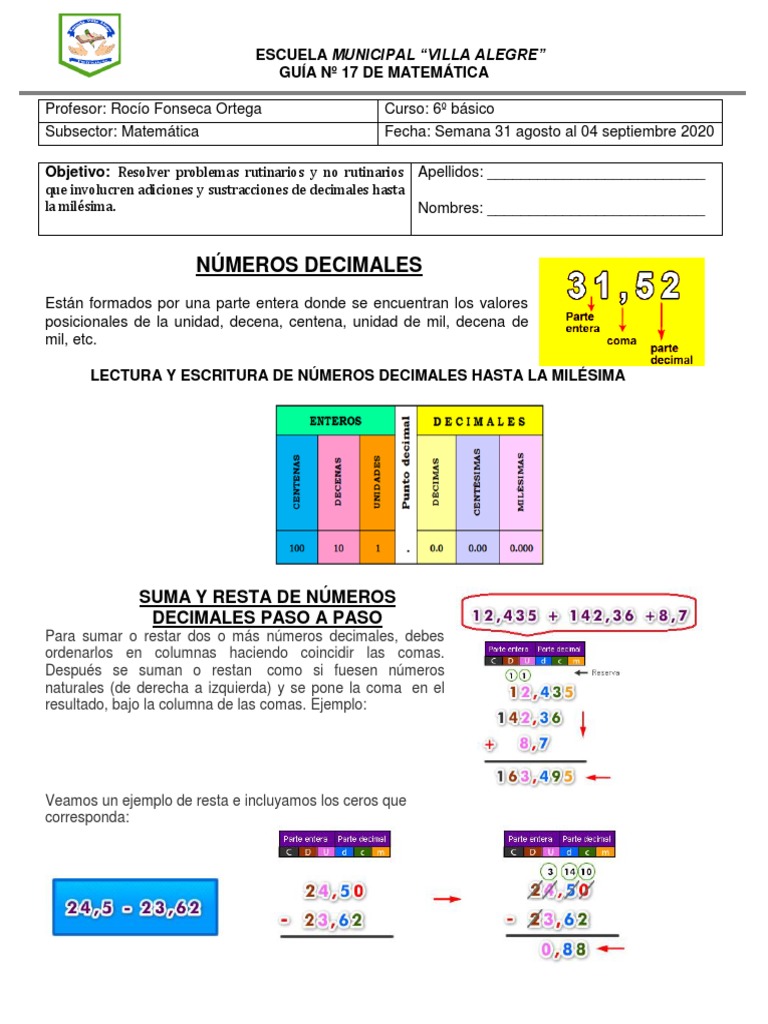 GUIA #17 6º MATEMÁTICA Suma y Resta de Numeros Decimales | PDF