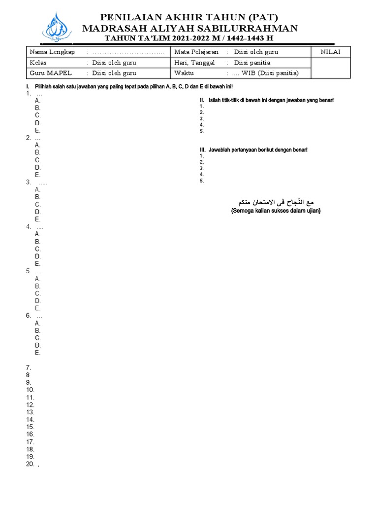 Kop Soal Pat 2021-2022 - Ma | PDF