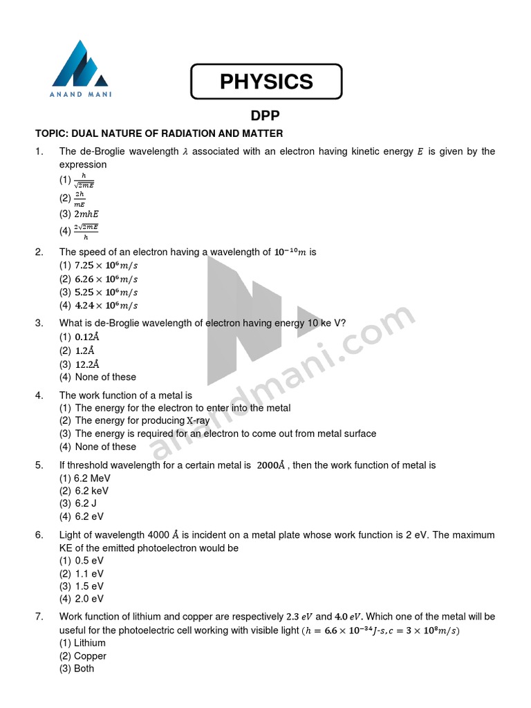 Dual Nature of Radiation and Matter - DPP | PDF | Photoelectric Effect | Electronvolt