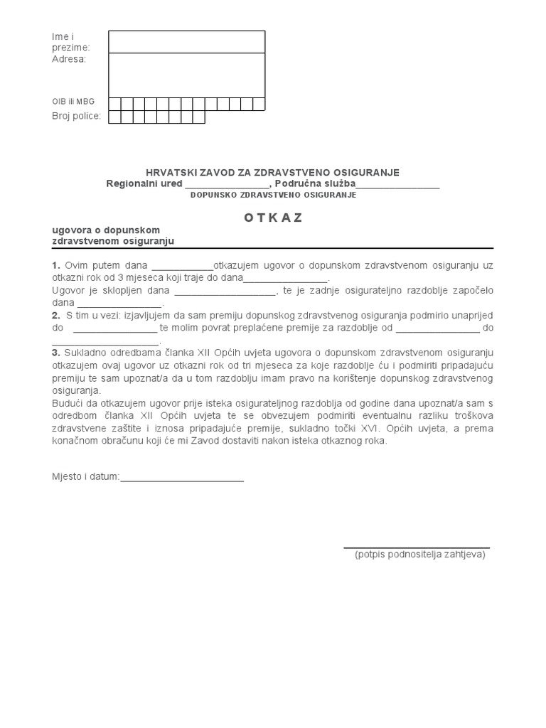 Otkaz Ugovora o DZO Tiskanica Unaprijed Placena Premija NOVO | PDF