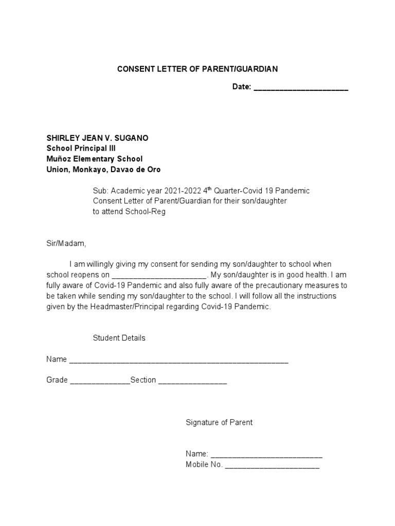 Consent Letter of Parent/Guardian Date | PDF